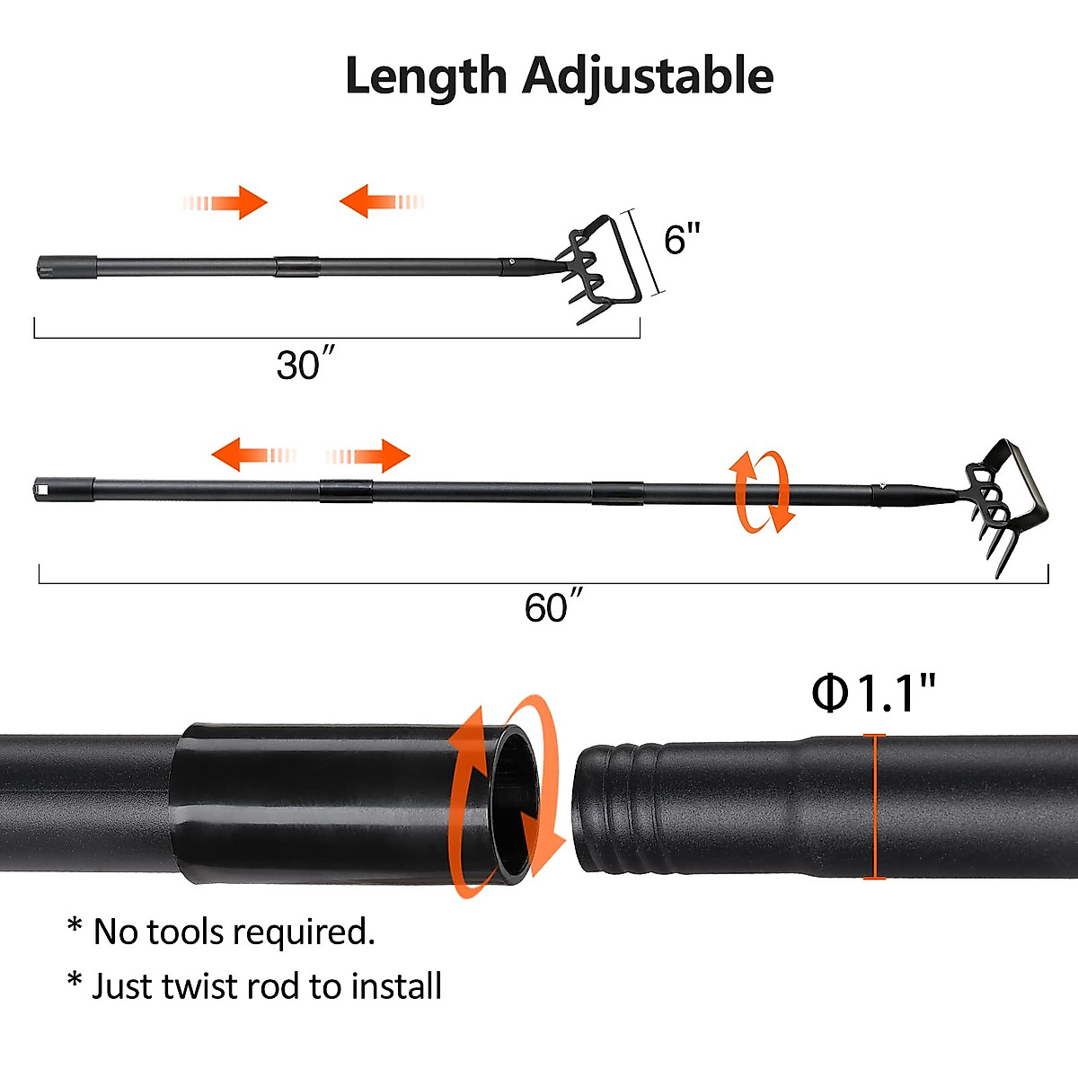 Cultivator Hoe Garden Tools for Gardening, Heavy Duty Stainless Steel 4 Tine Hand Garden Rake Cultivator and Stirrup Hoe Long Handle for Women Weeding Loosening Digging 30-60 inch