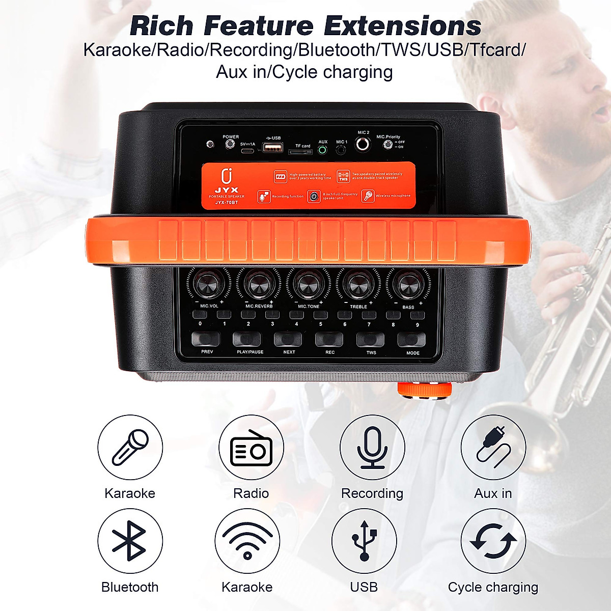 JYX Portable Bluetooth Karaoke Machine, Microphone PA Speaker System with FM Radio, REC, TWS, Remote Control, Supports TF Card, USB, AUX in, for Home,Party, Event
