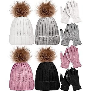 JaGely 8 Pcs Womens Winter Gloves and Hat Knitted Beanie Hat Glove Set Knit Skull Cap Beanie Soft Ski Cuff Cap Knit Touchscreen Gloves Thermal Texting Gloves with Faux Fur Pom