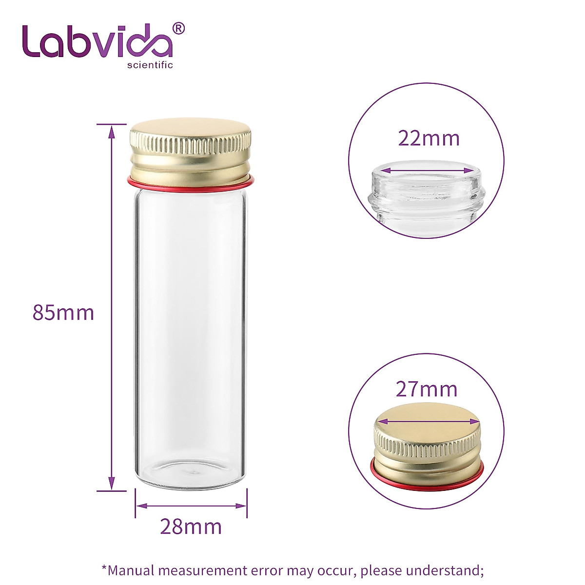 Labvida 25ml Clear Glass Vials with Plastic Stoppers, 20 Pack Glass Vials with Screw Caps, Leak-Proof Small Glass Lab Vials, Liquid Sample Vials for Essential Oil, Reagent, Seeds, LVH008