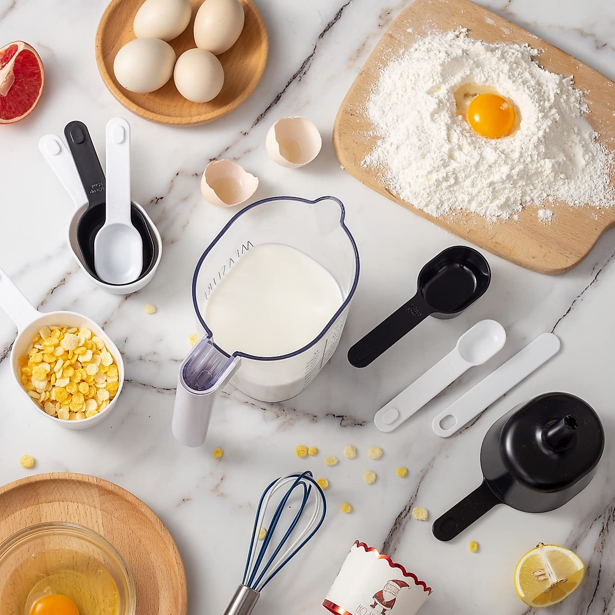 Rae Dunn Measuring Cup Set - 9 PC. Nesting Stackable Liquid Measure Cup, Dry Measuring Cups and Spoons with Funnel and Scraper - Nesting and Clicks Together for Easy Storage (Multi)