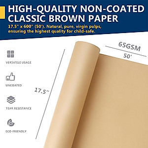 PerkHomy Brown Kraft Paper Roll 17.5" x 600" (50') for Gift Wrapping Bulletin Board Kids Craft Art Bouquet Flower Packing Moving Shipping Floor Covering Table 70GSM 50LB (Brown, 17.5" x 50')