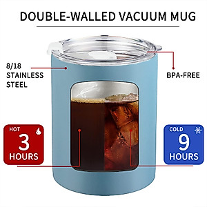 Puraville 12 oz Handleless Coffee Mug,Insulated Travel Mug with Lid and Straw, Double-Walled Stainless Steel Vacuum Coffee Tumbler Cup with lid, Blue