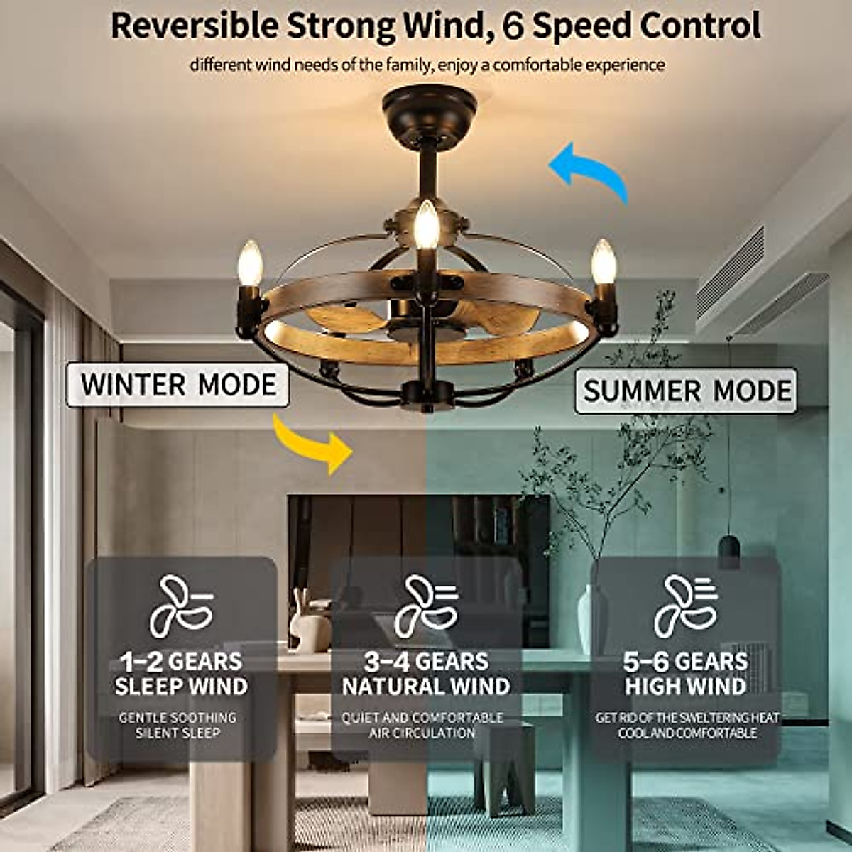 MADSHNE 24" Caged Ceiling Fan with Lights and Remote,Small Rustic Farmhouse Ceiling Fan,Black Bladeless Candle Chandelier Ceiling Fan, Reversible (Bulbs Included)