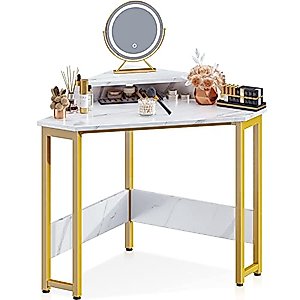 ODK Corner Desk Space Saving Small Desk with Sturdy Steel Frame, Computer Desk with Monitor Stand for Small Space, Easy Assembly Triangle Vanity Desk with Durable Wooden Desktop (Marble)