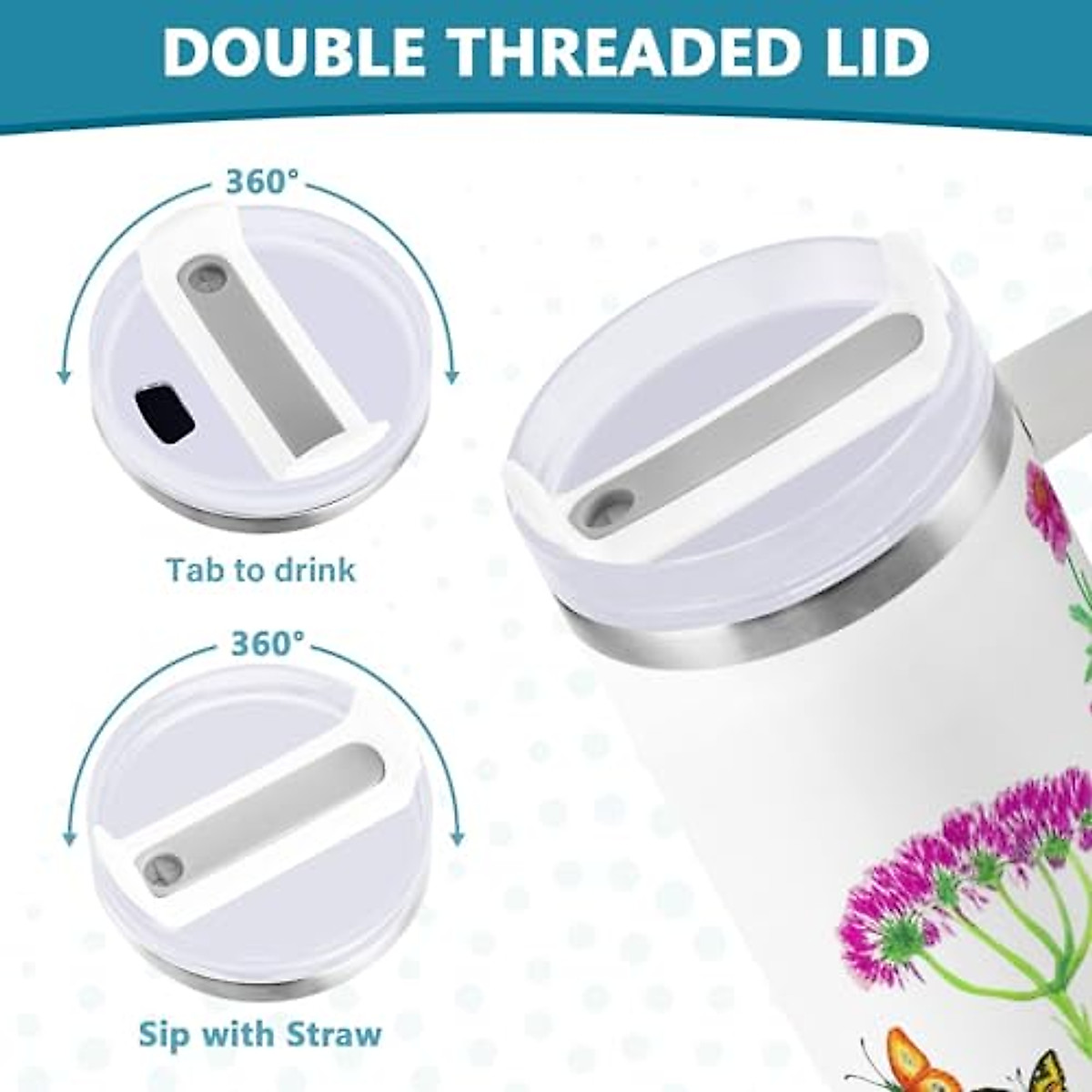 ODAWA 40 Oz Wildflower Butterflies Stainless Steel Insulated Tumbler with Handle and Straw Travel Insulated Tumblers