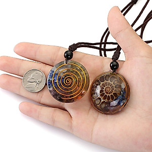 Jovivi 7 Chakra Gemstone Reki Healing Crystal Necklace Round Circle Shape Ammonite Fossil Chip Stones Resin Pendant Necklace for Women Men Jewelry Christmas Gifts