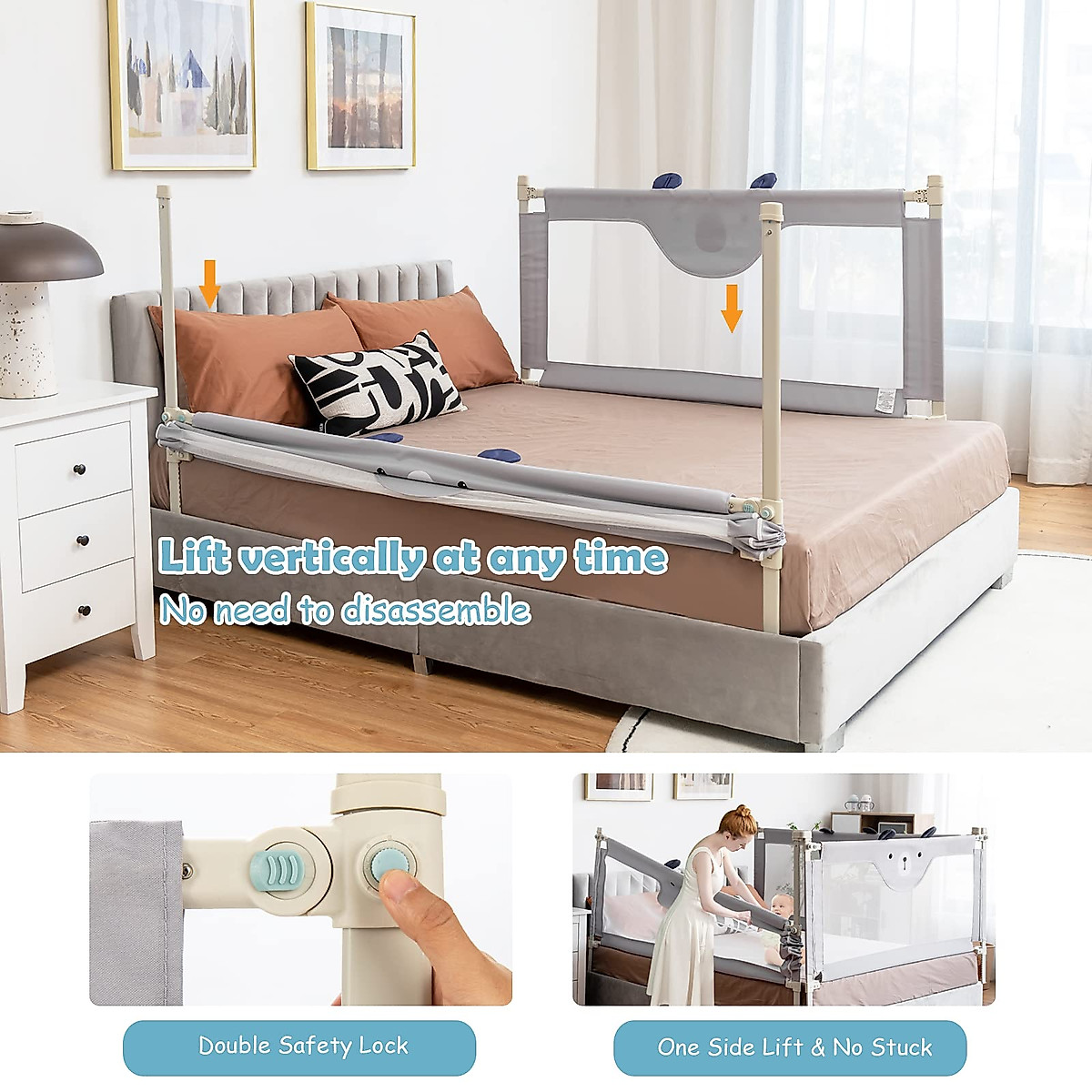 BABY JOY Bed Rail for Toddlers, 57’’ Extra Long, Height Adjustable & Folding Baby Bed Rail Guard w/Breathable Mesh & Double Safety Child Lock for Kids Twin Double Full Size Queen King Mattress (Gray)