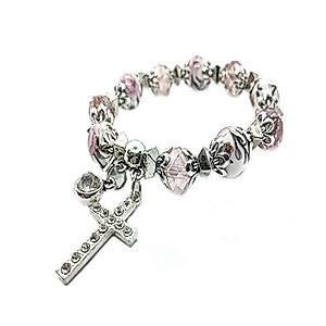 Nazareth Store Religious Cross Bracelet Christian Classic Beaded Bangle with Pink Crystal Beads Sacred Gift for Women & Men