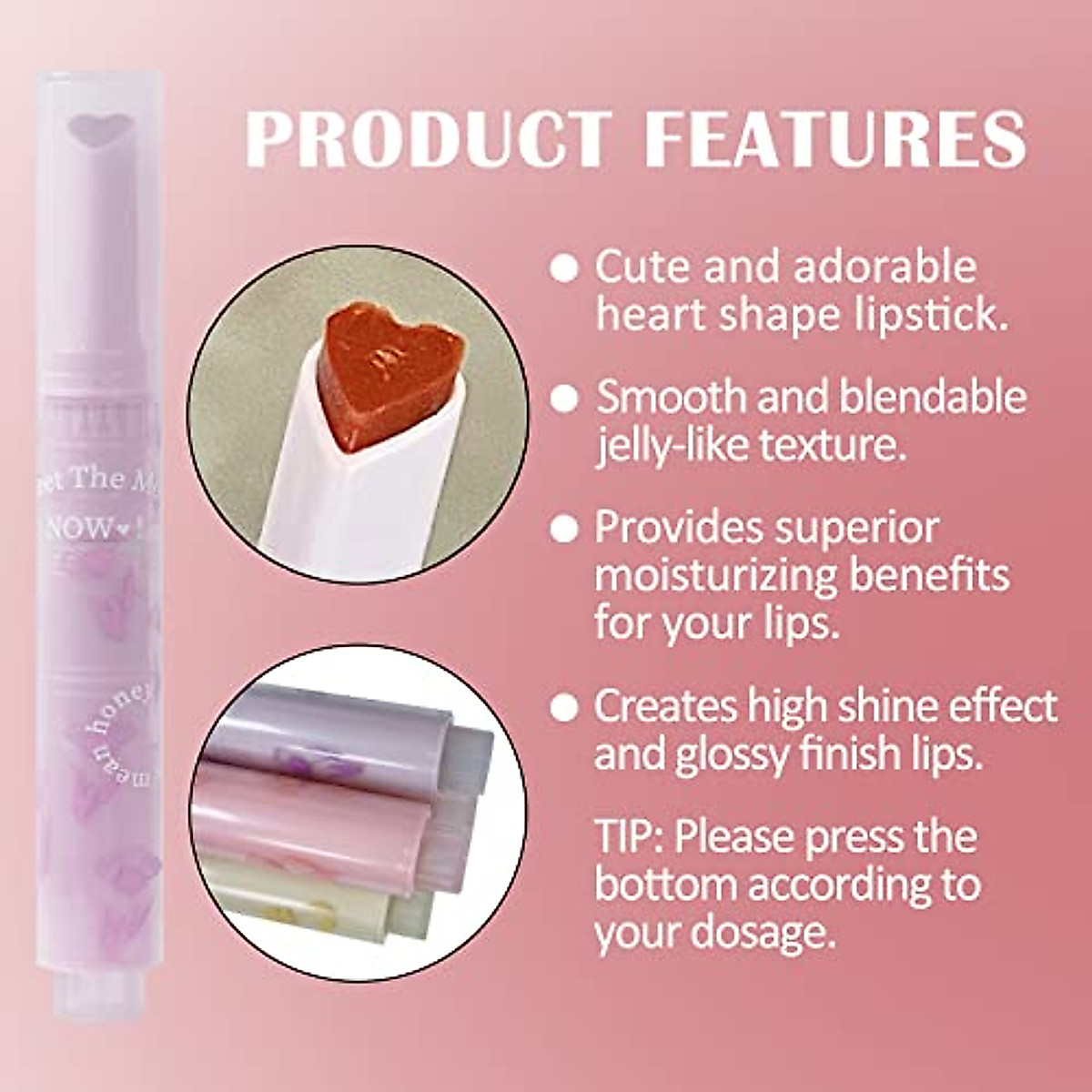 U-Shinein 3Pcs Jelly Lipstick, Tinted Lip Gloss Heart Shape Lip Glaze, Moisturizing and Hydrating Glossy Lip Gloss Lip Balm, High-shine Finish Lip Makeup Lip Pen for Nourished, Fuller-looking Lips