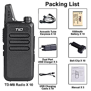 TIDRADIO TD-M8 2 Way Radio Walkie Talkies Rechargeable VOX License-Free Two Way Radio with Earpiece Walkie Talkies for Adults School Church Restaurant Business Office (10 Pack)