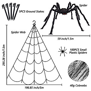 Halloween Decorations Outdoor 295'' Halloween Spider Web Decor 59'' Scary Giant Spider 100 Small Fake Spiders 40g Stretch Cobwebs Spider Webs Halloween Decorations for Outside Yard Garden Lawn Party
