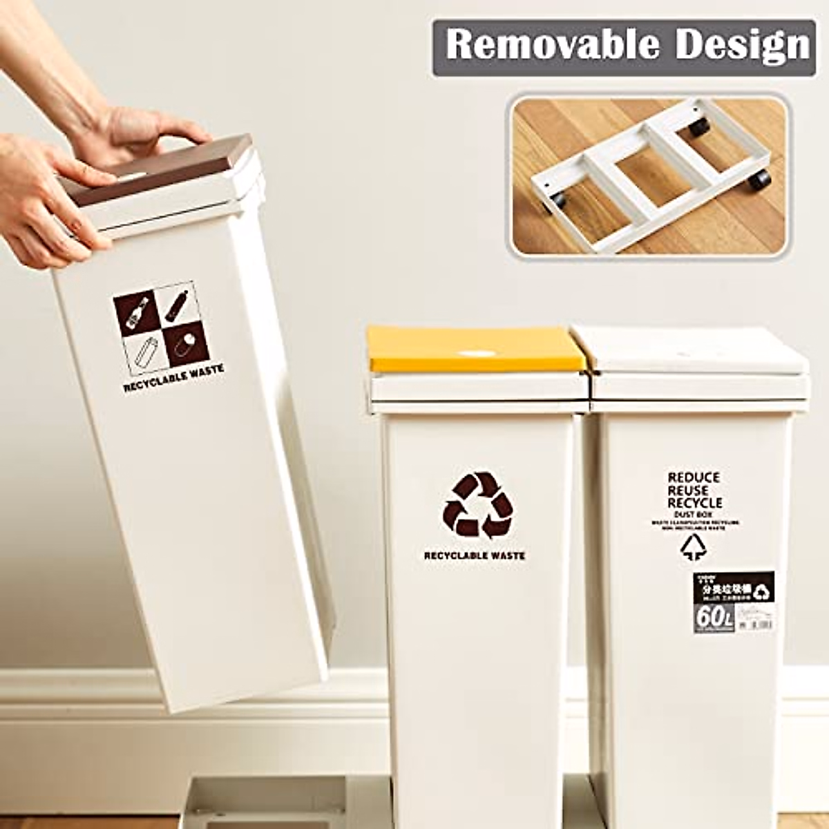 Sequpr Kitchen Trash Can with Lid can Slide 40l(20l+20l), 2 x 5.28 Gal Garbage Can for Kitchen Outdoor, Double Trash Cabinet Cans Bin with Holder, Plastic Storage Recycling Bins, White
