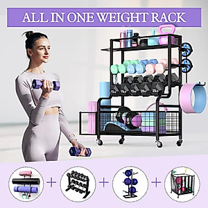 Dumbbell Rack, Weight Rack for Dumbbells, Home Gym Storage Rack for Yoga Mat Kettlebells Balls and Strength Training Equipment, Weight Storage Holder Rack for Dumbbells with Wheels and Hooks
