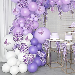 Pateeha Purple Balloon Garland Arch Kit 140 Pcs Purple Baby Shower Decorations for Girl Butterfly Sticker White Lavender Latex Balloons for Birthday Bridal Shower Wedding Decorations