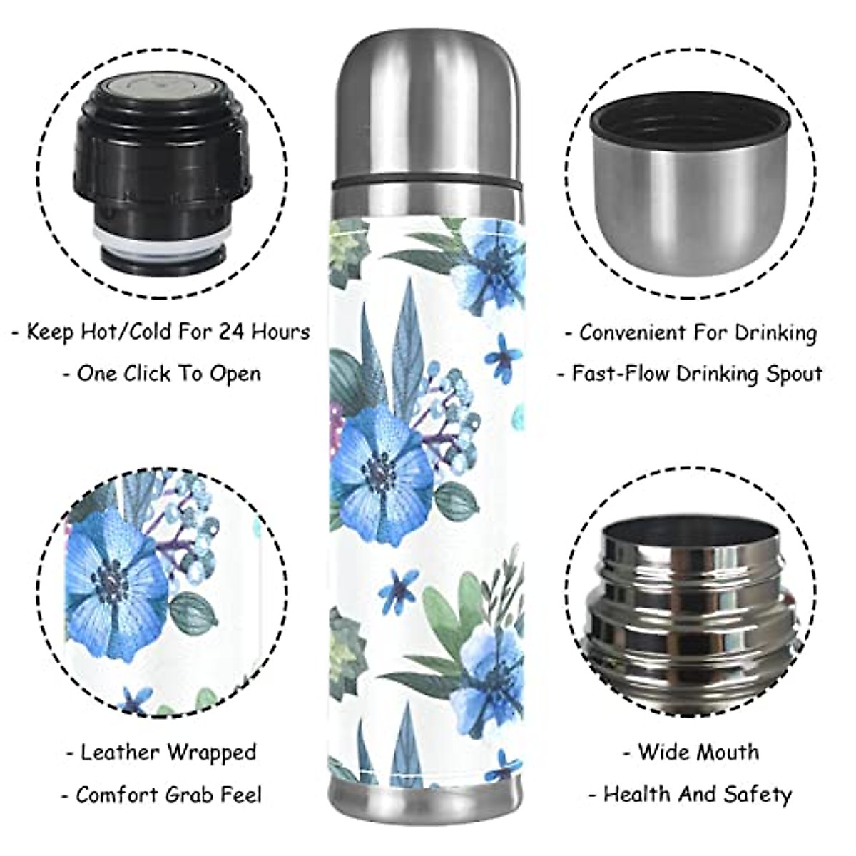 Watercolor Blue Floral Flower Cute Stainless Steel Water Bottle Leak-Proof, Double Walled Vacuum Insulated Flask Thermos Cup Travel Mug 17 OZ