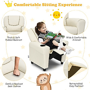 HONEY JOY Kids Recliner, 2-in-1 Toddler Armrest Sofa Couch with Cup Holders, Adjustable Footrest, PU Leather, Child-Size Recliner Chair for Boys Girls Age 3+ (Beige)