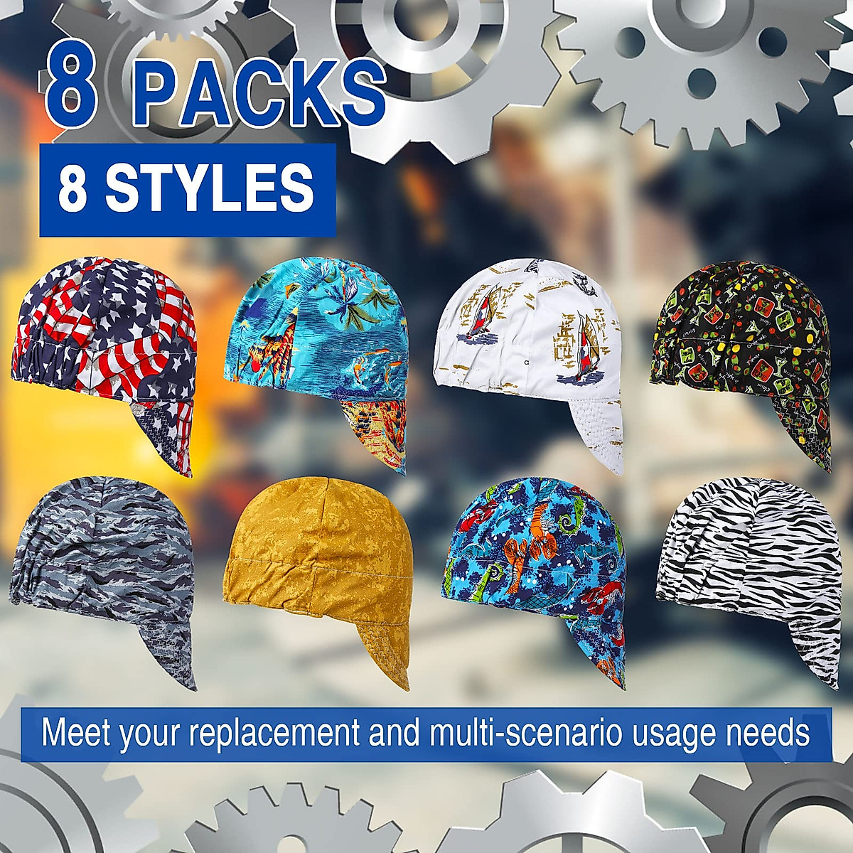 8 Pcs Unisex Adult Reversible Welding Cap Elastic Flame Resistant Cotton Welding Hat Mesh Inside Liner Low Crown Welders Cap Matched Most Welding Helmet for Welder Electrician Gas Station, 8 Styles