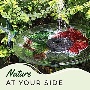 Grateful Gnome Hand-Painted Glass Bowl Bird Bath w/Solar Fountain - Red Ruby Flower Design
