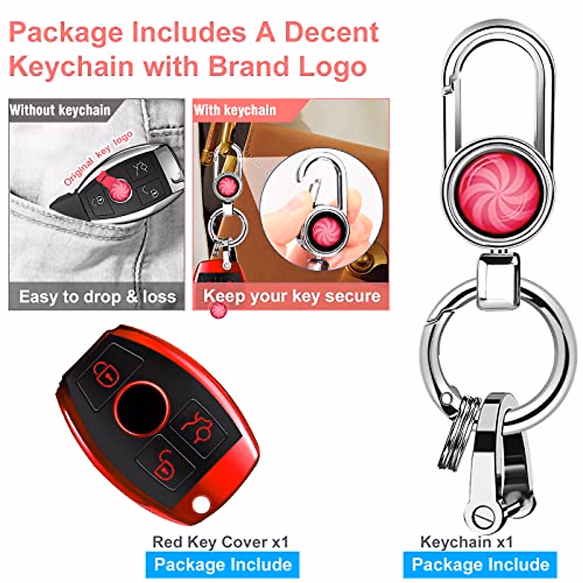 Becoci Compatible with Mercedes Benz Key Fob Cover with Keychain, Key Fob Case for Mercedes Benz A B C E G R S V Class, CLA CLS GL GLA GLE GLS GLK SL SLK SLS, AMG GT, Premium Key Shell, Red