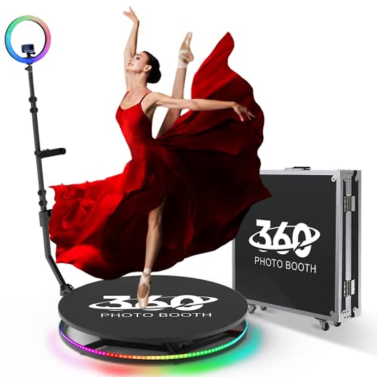 Peepoleck 360 Photo Booth Machine 80cm with Flight Case, 360 Degree Rotating Camera Booth, Logo Customization, 3 People Stand on Remote Control Automatic Spin for Parties 31.5''