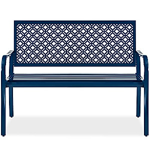 Best Choice Products Outdoor Bench 2-Person Metal Steel Benches Furniture for Garden, Patio, Porch, Entryway w/Geometric Backrest, 790lb Capacity - Peacock Blue