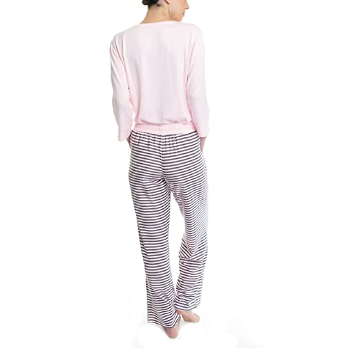Hanes Women's Butter Knit 3/4 V-Neck Sleep Top and Pajama Pant Lounge & Sleep Set Pink/Stripe