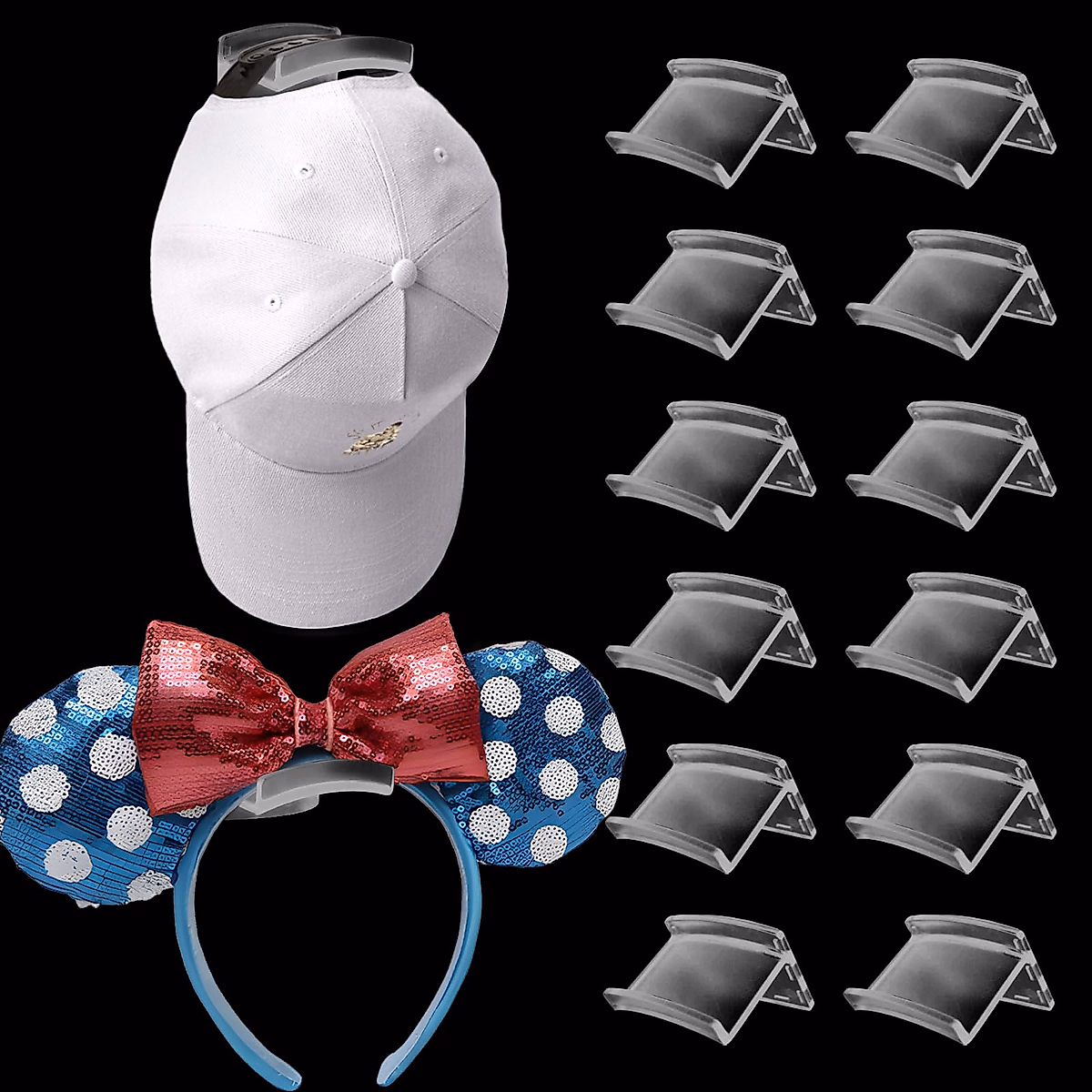 Diamerd Hat Rack for Wall (14-Pack) - Headband Holder for Disney Mickey Ear, Adhesive Hat Hooks, No Drilling Hat Organizer Cowboy Hat Holder, Strong Hat Hanger for Closet (Transparent)