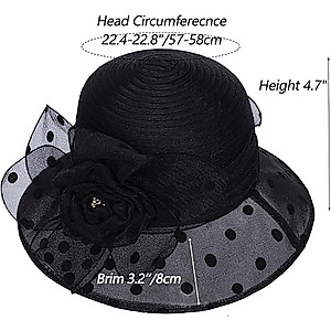 Dots-Organza Flower Band Wide Brim Sun Hat for Women French Straw Party Hat Bridal Wedding Fascinator Black