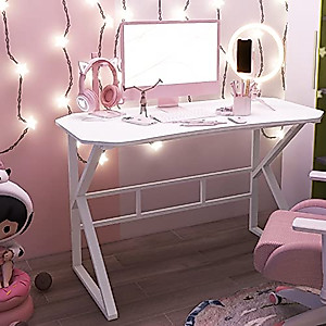 Natwind 47" Ergonomic Gaming Desk K-Shaped Computer PC White Desk Kid Student Writing Study Table Simple Modern Elegant Style Game Table Gamer Workstation for Home Office Bedroom（White）