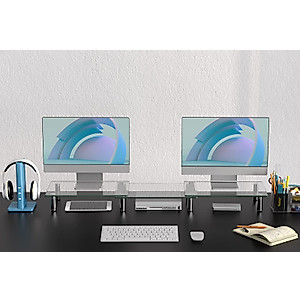 Zimilar Monitor Stand Riser with Metal Mesh Drawer, Height Adjustable Monitor Riser with Phone Holder for Computer Dual Glass Monitor Stand Riser, 3-Shelf Tempered Glass Monitor Stand