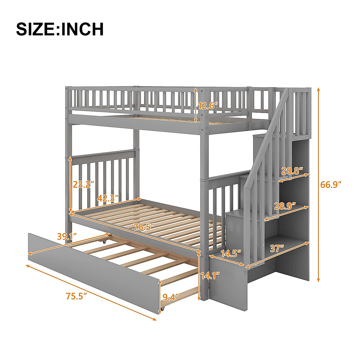 Harper & Bright Designs Twin Over Twin Bunk Bed with Stairs and Trundle, Solid Wood Stairway Bunk Bed Frame with Storage, Can be Split into 3 Separate beds, for Kids Teens Adults (Gray)