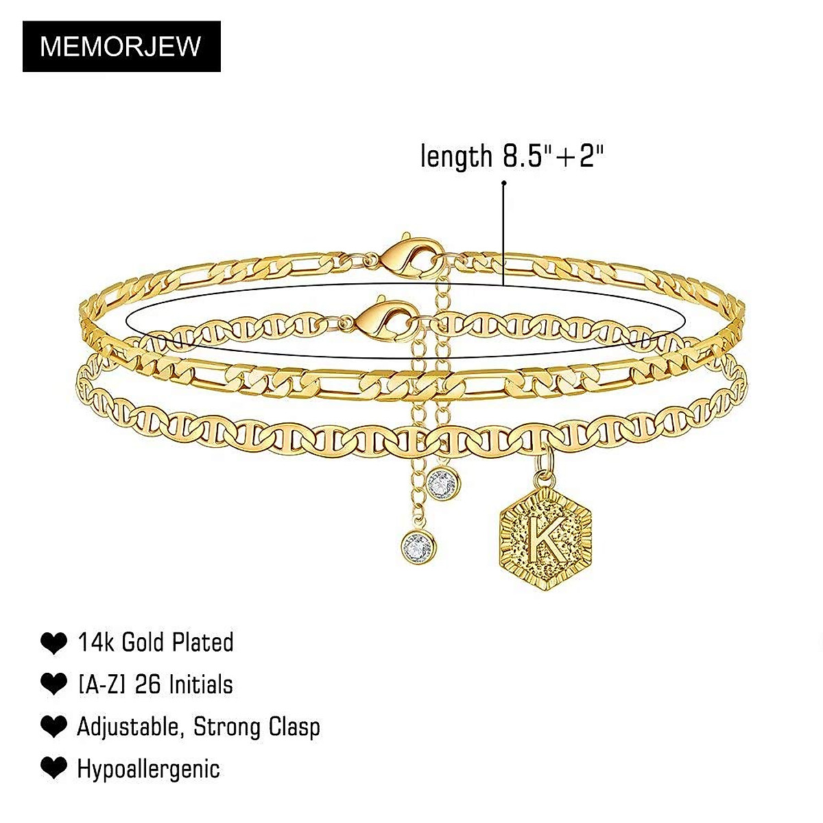 Memorjew Ankle Bracelets for Women Initial Anklet, 14K Gold Plated Layered Anklet Letter K Initial Anklets for Women Gifts