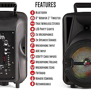 QFX PBX-800TWS 8-Inch TWS Bluetooth Stereo PA System with 2 8" Speakers, 2 Microphones, 2 Stands, and a Remote Control