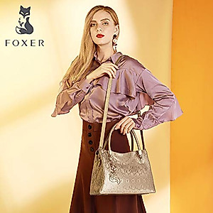 FOXER Leather Handbags for Women, Cow Leather Lock Chain Pattern Ladies Top Handle Bag with Adjustable Shoulder Strap Women's Designer Tote Bag Womens Real Leather Crossbody Purses and Handbags (Gold)
