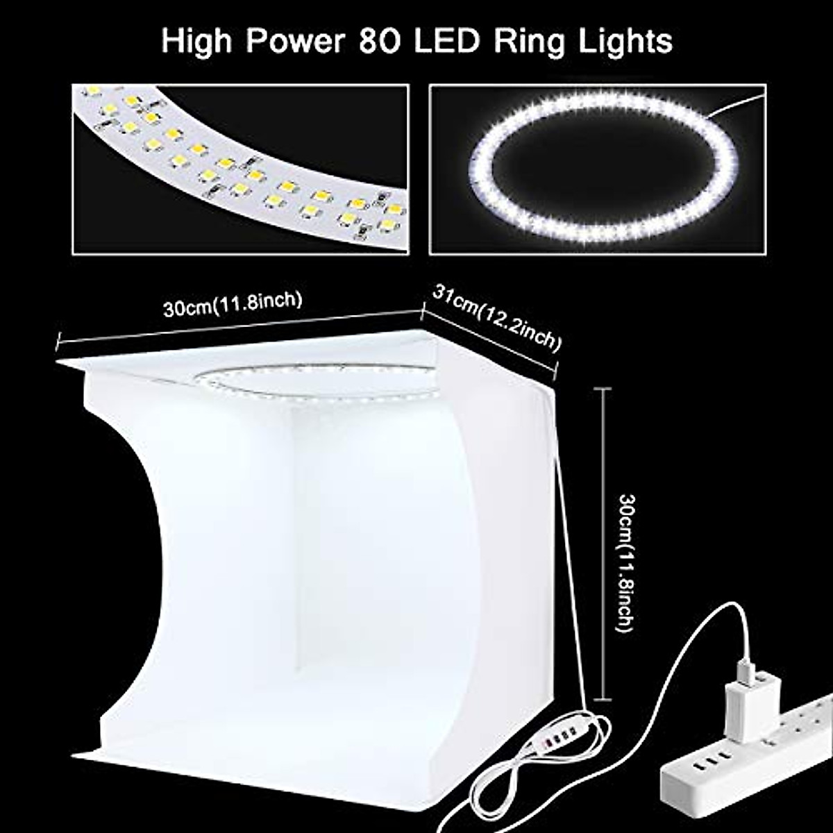 Folding Photo Studio Light Box Kit, 12.2 x 12.2inch Portable Photography Shooting Booth Table Top Light Tent Kit with 80 LED Lights (10 Levels Dimmable 3 Colors) and 6 Colors Backdrops