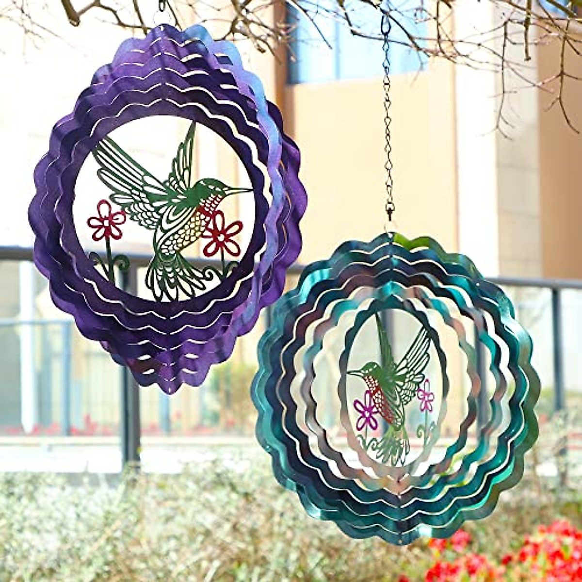 Glintoper 2 Pack Hummingbird Wind Spinners, 12 Inch Stainless Steel 3D Laser Cut Sun Catcher Metal Art, Indoor Outdoor Hanging Garden Decoration Colorful Crafts Ornaments Wind Spinner