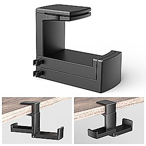 Dual Headphone Stand - Klearlook 2 in 1 360°Rotating Headphone Hook for Desk, Clamp Adjustable Twin Headset Holder Under Desk with Cable Organizer,Headphone Hanger for Gaming Headset,Controller-Black