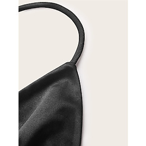 Verdusa Women's Crisscross Tie Backless Fringe Hem Sleeveless Satin Crop Cami Top Black S