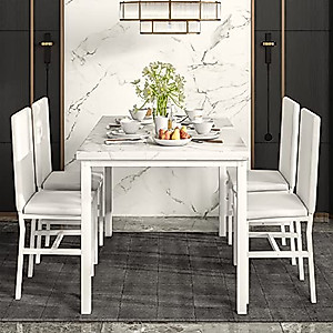 MIERE Dining Table Set for 4, 5-Piece Marble DiningTableSet with 4 Faux Leather Metal Frame Chairs for Kitchen, Bar, Living Room, Breakfast Nook, Small Space, 03 Pure White