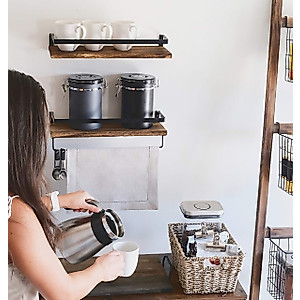 Peter's Goods Rustic Floating Wall Shelves with Rails - Decorative Storage for Kitchen, Bathroom, and Bedroom - Elegant, Modern Shelving - Torched Paulownia Wood, Matte Black Metal Frame - Set of 2