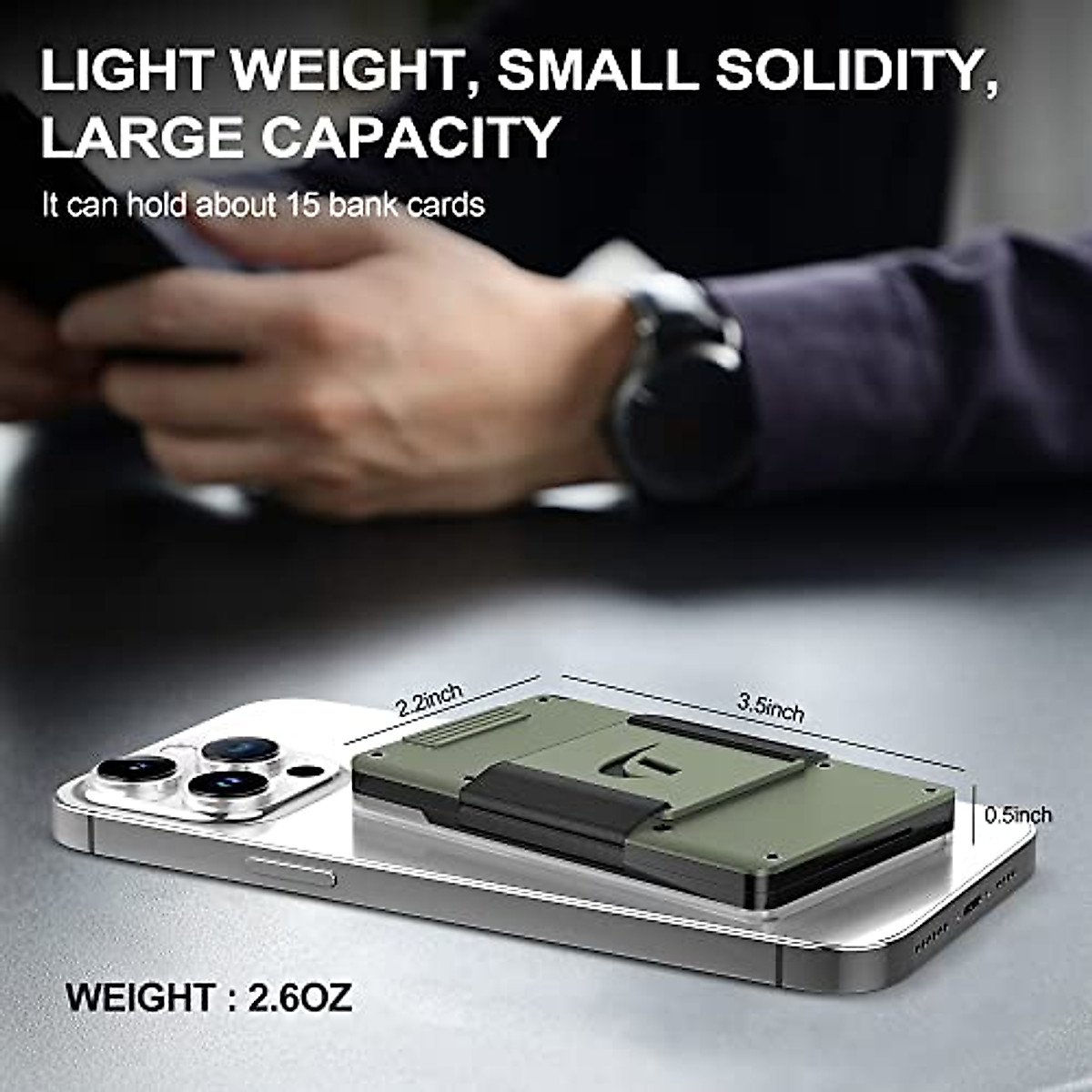 umoven Minimalist Wallet For Men - Aluminum Slim Stretchable Belt Draw-Out Metal Wallet with 1 Clear window ID Badge Holder, Holds up 15 Cards with Cash Strap. (Green)