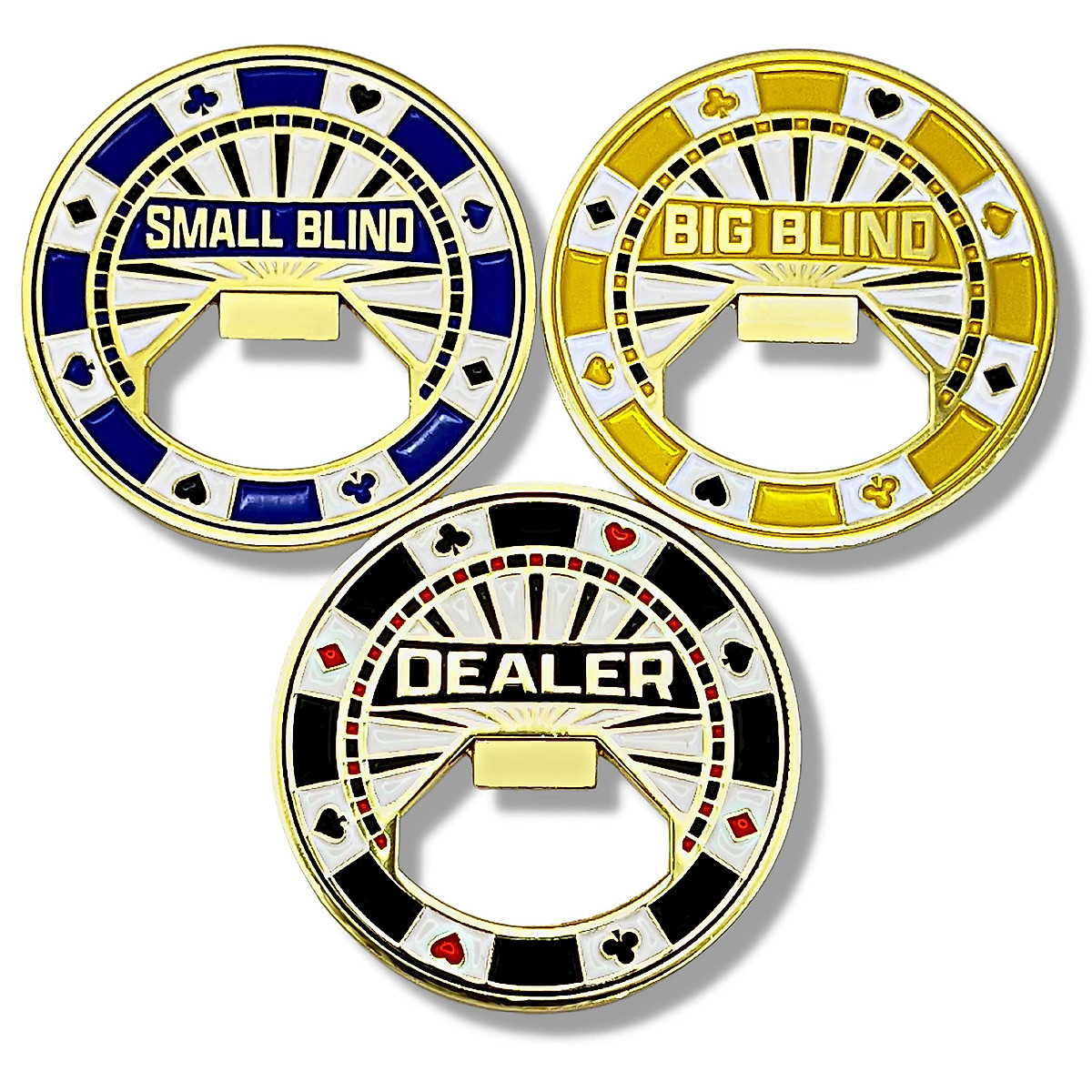 Luck Lab Set of 3 Metal Bottle Opener Poker Buttons - Dealer Button, Big Blind and Small Blind Metal Weights (Position Markers) for Texas Hold Em - 2 inch