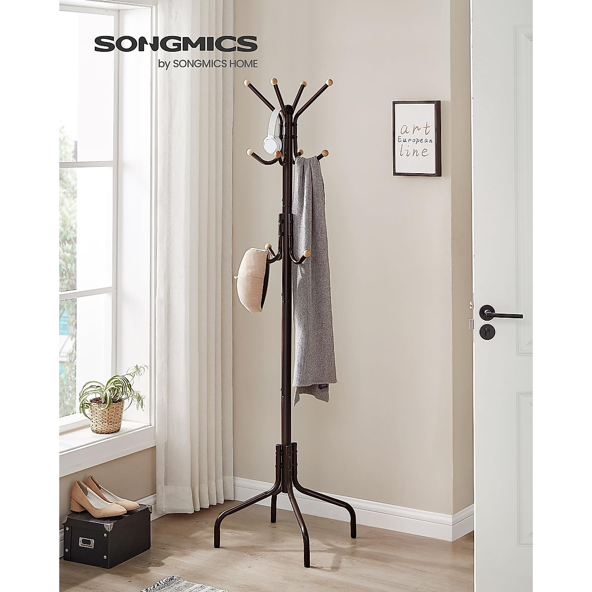 SONGMICS Coat Rack Freestanding, Metal Coat Rack Stand with 12 Hooks and 4 Legs, Coat Tree, Holds Clothes, Hats, and Bags, for Entryway, Living Room, Bedroom, Coffee Brown URCR031Z01