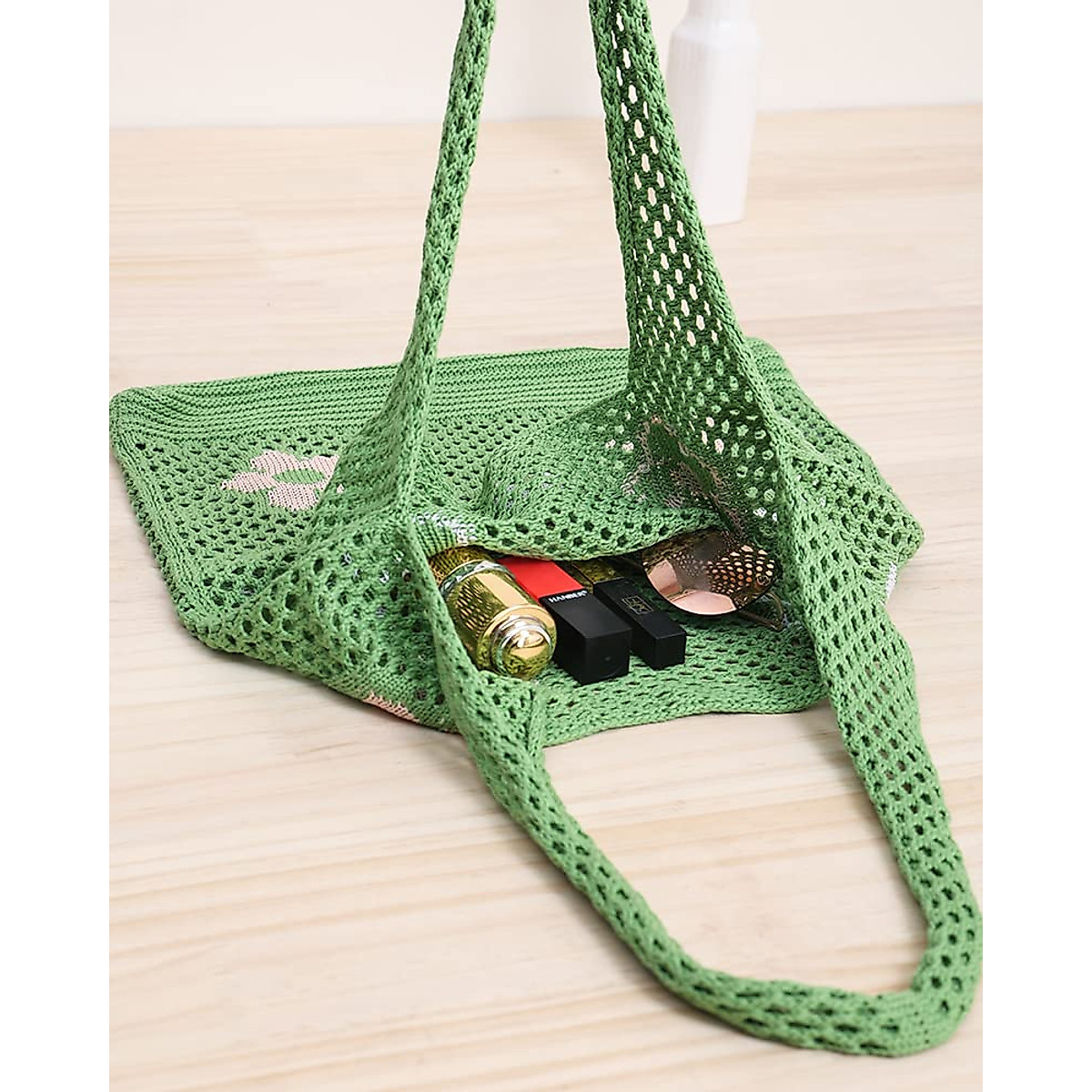 ENBEI Crochet Tote Beach Bag for Women with 6 Flower Pattern, Aesthetic Boho Large Bag, Foldable & Lightweight, Perfect for Beach, Travel, Daily Use & Gift