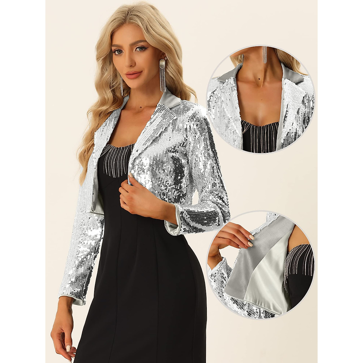 Allegra K Open Front Cardigan for Women's Notched Lapel Cropped Party Club Sparkly Sequin Blazer Large Silver