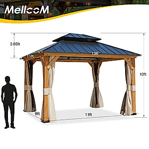 MELLCOM 11'x13' Wood Gazebo, Outdoor Hardtop Cedar Wooden Frame Gazebos with Galvanized Steel Double Roof, Includeds Curtains and Nettings for Patio, Garden and Backyard