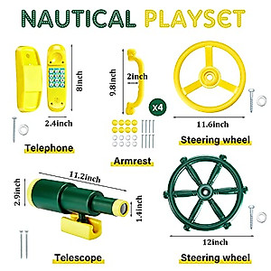 Playground Accessories Backyard Pirate Plastic Ship Playset Plastic Playground Equipment Set with Ship Wheel, Telescope, Safety Handlestoy Phone for Outdoor Playhouse Treehouse Playset(Yellow, Green)