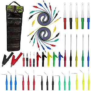 Testeronics 47 in 1 Back Probe Kit with 6 Pockets Roll Up Tool Bag |5 PCS Wire Piercer with Cover| 20 PCS Back Probe Pin | 10 PCS 4mm Banana Plug to Alligator Clip Circuit Test Lead 39.37 inch