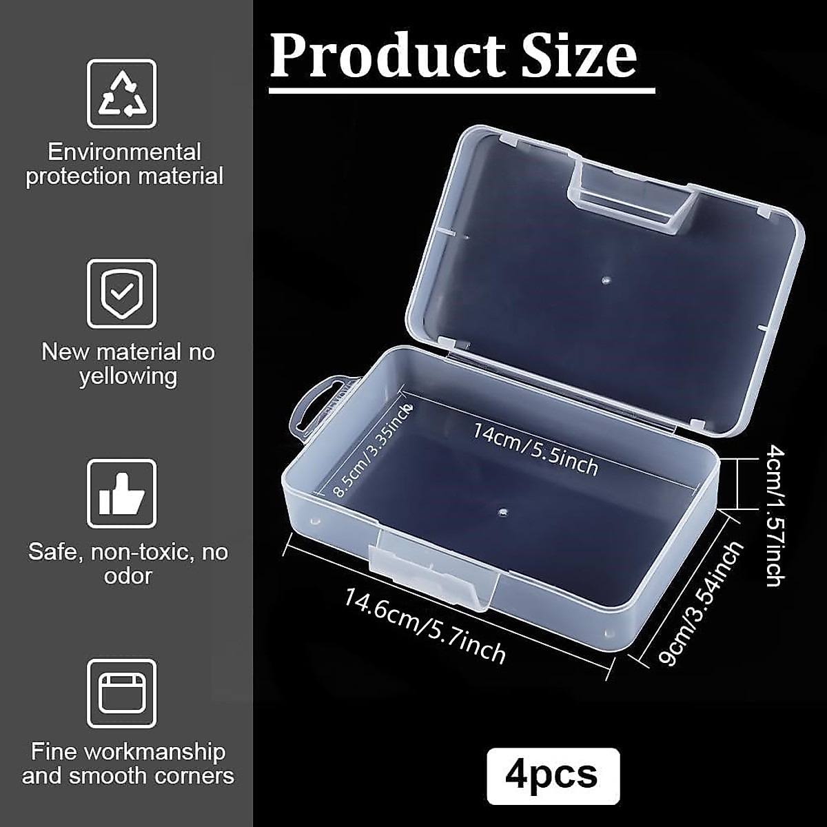 BENECREAT 4 Pack 5.5x3.5x1.5 Large Clear Plastic Box Container Clear Storage Organizer with Hinged Lid for Small Craft Accessories Office Supplies Clips